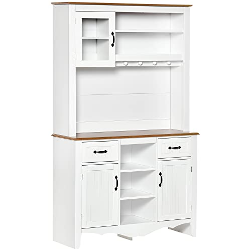 HOMCOM 71" Kitchen Buffet with Hutch, Farmhouse Style Storage Pantry with 2 Drawers, 3 Door Cabinets and 3 Shelves, White