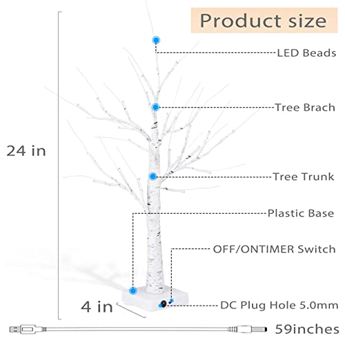 COSYWARM 2FT 24 LED Birch Tree Light, USB and Battery Powered Tabletop Tree Light, Warm White Birch Tree with Light for Home Christmas Wedding Party Decorations.