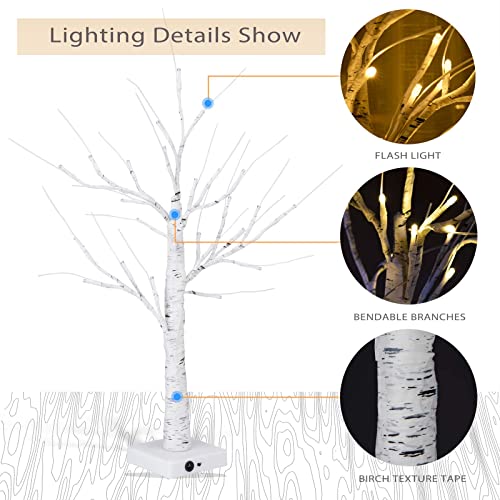 COSYWARM 2FT 24 LED Birch Tree Light, USB and Battery Powered Tabletop Tree Light, Warm White Birch Tree with Light for Home Christmas Wedding Party Decorations.