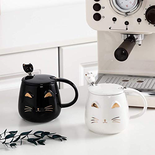 Yuwu Cat Mug Cute Coffee Mug gifts for cat lovers Ceramic Cup, Novelty Mug with Lid and Stainless Steel Spoon, Christmas Birthday Gifts Present for kids Women Girls (Black)