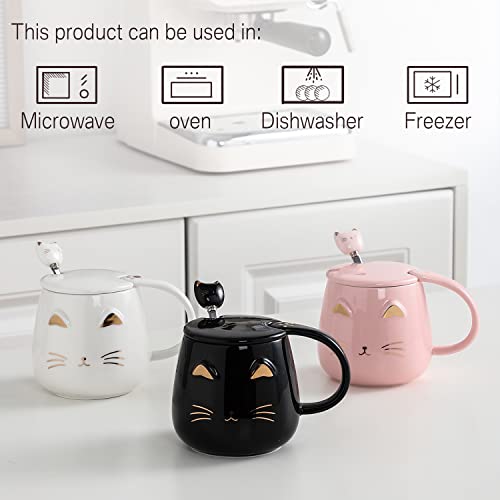 Yuwu Cat Mug Cute Coffee Mug gifts for cat lovers Ceramic Cup, Novelty Mug with Lid and Stainless Steel Spoon, Christmas Birthday Gifts Present for kids Women Girls (Black)