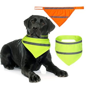 2 pieces dog bandanas reflective dog scarf yellow orange dog bandanas high visibility safety dog camping bandana triangle bibs for medium large pets dog cats puppy walking reflective wear at night