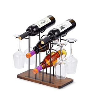 allcener wine rack with glass holder, countertop wine racks, metal wine holder for 4 bottles and 4 wine glasses storage, wine bottle rack display shelves for home, kitchen, cabinet, cellar, bar