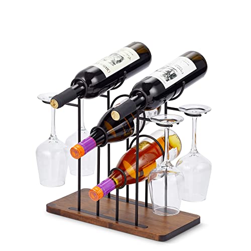 ALLCENER Wine Rack with Glass Holder, Countertop Wine Racks, Metal Wine Holder for 4 Bottles and 4 Wine Glasses Storage, Wine Bottle Rack Display Shelves for Home, Kitchen, Cabinet, Cellar, Bar