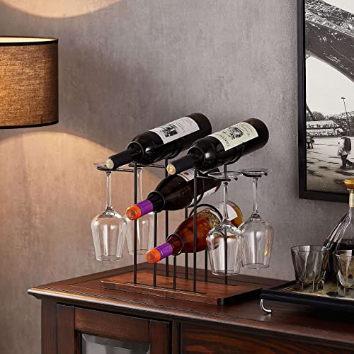 ALLCENER Wine Rack with Glass Holder, Countertop Wine Racks, Metal Wine Holder for 4 Bottles and 4 Wine Glasses Storage, Wine Bottle Rack Display Shelves for Home, Kitchen, Cabinet, Cellar, Bar