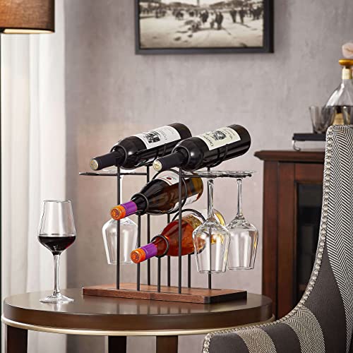 ALLCENER Wine Rack with Glass Holder, Countertop Wine Racks, Metal Wine Holder for 4 Bottles and 4 Wine Glasses Storage, Wine Bottle Rack Display Shelves for Home, Kitchen, Cabinet, Cellar, Bar