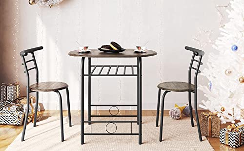 Topeakmart 3 Piece Kitchen Table Set - Dining Table Sets for 2 - Compact Table and Chairs w/Steel Frame & Shelf Storage for Small Spaces, Apartment,Bistro - Drift Brown