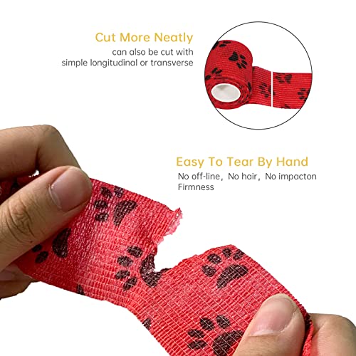 Risen Self Adhesive Bandage Wrap 6 Pack,2”x 5 Yards Medical Tape for Christmas Gifts,Gauze Rolls First Aid Vet Wrap Adherent Bandages for Sports,Dogs Pet(Red Paw)