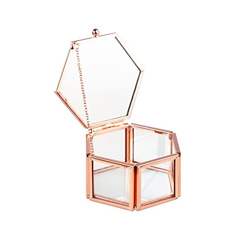 Feyarl Jewelry Trinket Glass Box Ornate Ring Earring Box Preserved Flower Glass Box Organizer Decorative Box Storage (Rose Gold)