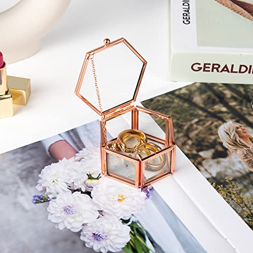 Feyarl Jewelry Trinket Glass Box Ornate Ring Earring Box Preserved Flower Glass Box Organizer Decorative Box Storage (Rose Gold)