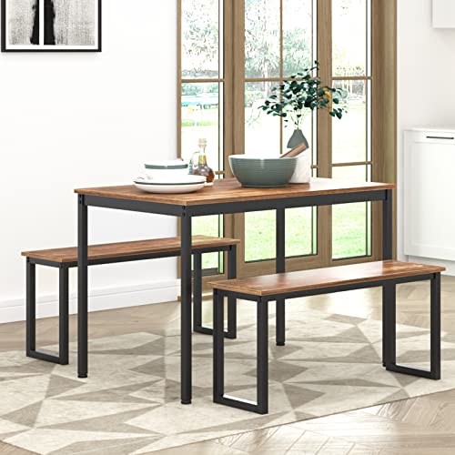 SogesHome 3-Piece Kitchen Dining Room Table Sets, 45‘’ Table and 2 Benches for 4, Space-Saving Table Set for Restaurant, Coffee Shop, Living Room, Small Space