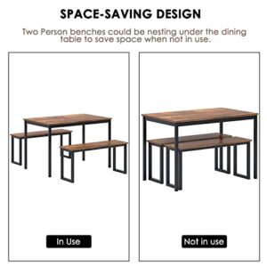 SogesHome 3-Piece Kitchen Dining Room Table Sets, 45‘’ Table and 2 Benches for 4, Space-Saving Table Set for Restaurant, Coffee Shop, Living Room, Small Space