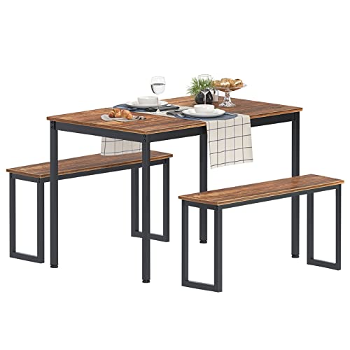 SogesHome 3-Piece Kitchen Dining Room Table Sets, 45‘’ Table and 2 Benches for 4, Space-Saving Table Set for Restaurant, Coffee Shop, Living Room, Small Space