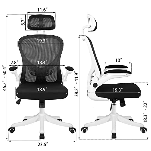 Misolant Office Chair, Ergonomic Desk Chair, Mesh Chair, Office Desk Chair, Ergonomic Chair, Mesh Computer Chair with Adjustable Headrest, Lumbar Support and Flip-up Arms for Home or Office (White)