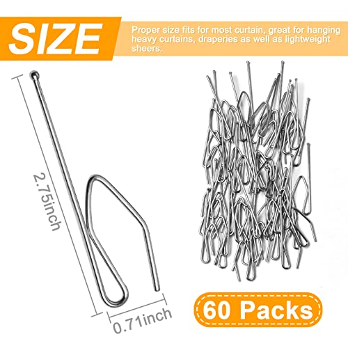 popokk 60 Pack Metal Curtain Hooks Drapery Hook Pins Slip on Drapery Hook Pins for Window Curtain,Door Curtain and Shower Curtain,Curtain Hooks for Drapes,Silver