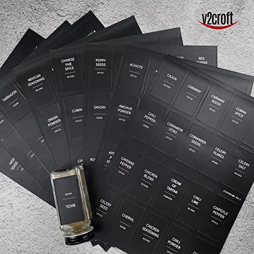 v2croft Spice Jar Labels,140 pcs Minimalist Preprinted Black Sticker White Text, Farmhouse Modern Waterproof Label Organization for Glass Bottles Containers, Herb Seasoning, Kitchen Pantry