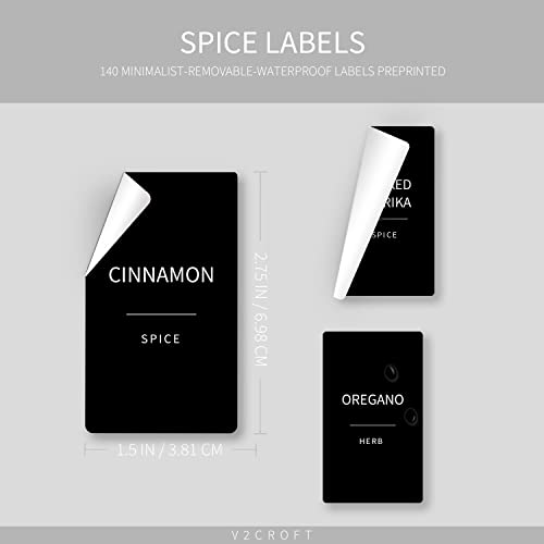 v2croft Spice Jar Labels,140 pcs Minimalist Preprinted Black Sticker White Text, Farmhouse Modern Waterproof Label Organization for Glass Bottles Containers, Herb Seasoning, Kitchen Pantry