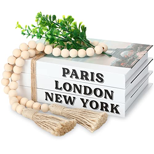 3 Pieces White Decorative Books Modern Farmhouse Stacked Books Stacks Faux Paper Books with Wood Bead Linen Decor for Home Coffee Tables (Fresh Style)