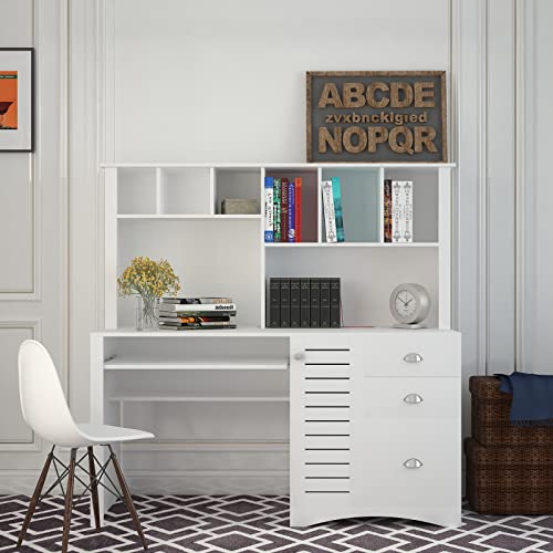 Holaki Computer Desk with Drawers & Bookshelf for Small Space,Wood Executive Desk Teens Student Desk Writing Laptop Home Office Desk with Keyboard Tray,Computer Desk with Hutch Antiqued White Finish