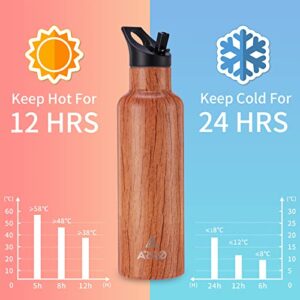 Arslo Insulated Stainless Steel Water Bottles, Double Wall Water Bottle With Straw, Vacuum Insulated Bottle Keep Cold 24 Hours, Wood Grain