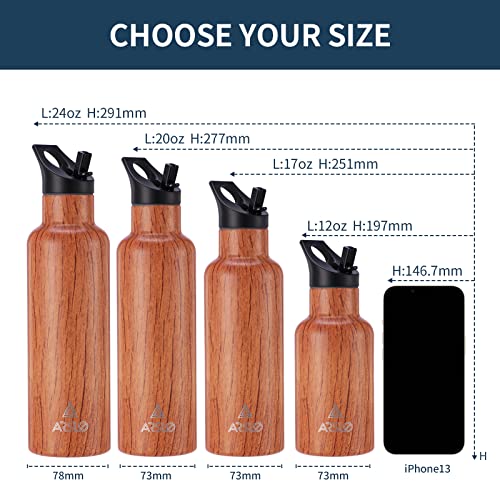 Arslo Insulated Stainless Steel Water Bottles, Double Wall Water Bottle With Straw, Vacuum Insulated Bottle Keep Cold 24 Hours, Wood Grain