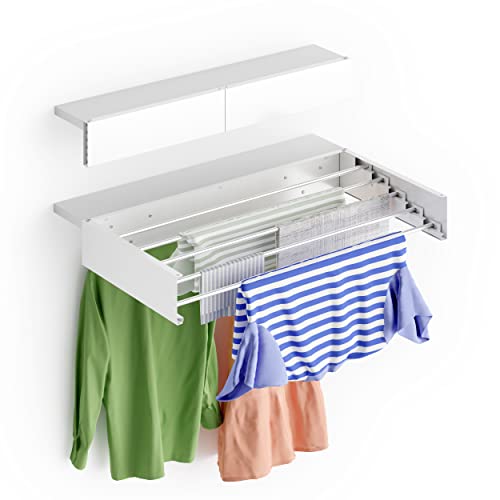 SOLUDRY Clothes Drying Rack Wall Mounted - 3-in-1 w/Shelf & Hanger Slots - Collapsible, Space Saving, Laundry Rack -Easy to Install Load Bearing 55 lb Drying Capacity - 31.5” Length x 5.9” Deep, White