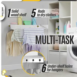 SOLUDRY Clothes Drying Rack Wall Mounted - 3-in-1 w/Shelf & Hanger Slots - Collapsible, Space Saving, Laundry Rack -Easy to Install Load Bearing 55 lb Drying Capacity - 31.5” Length x 5.9” Deep, White