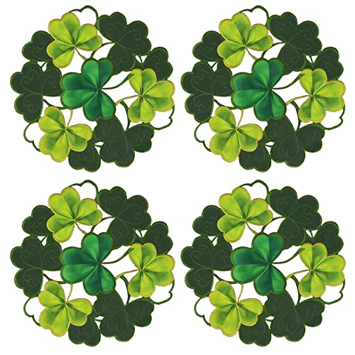 Simhomsen Set of 4 Embroidered Irish Clover Round Doily Placemats for St. Patrick’s Day, Spring Shamrock Decorations