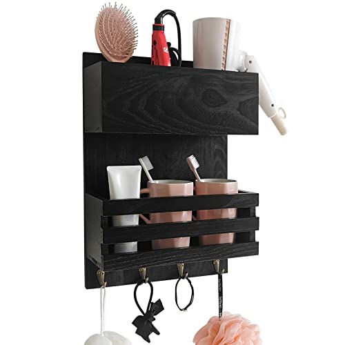 HAOYPAIC Wood Hair Dryer Holder Wall Mount, Bathroom Hair Care and Styling Tool Organizer, Farmhouse Wood Beauty Hair Appliance Holder with Shelf for Bathroom Accessories, Makeup, Toiletries (Black)