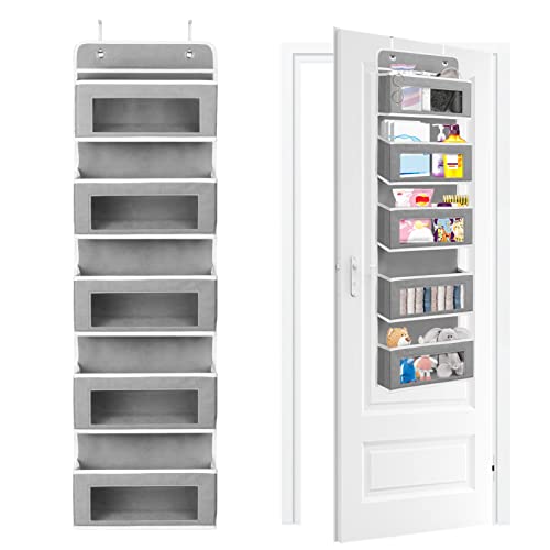 HolaDream Over The Door Organizer with 5 Large Pockets, Sturdy Foldable Hanging Organizer with Clear Window and 2 Metal Hooks, Behind Door Versatile Storage for Pantry Nursery Room Closet Bathroom