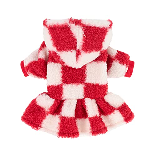 Fitwarm Checkered Plaid Fuzzy Sherpa Dog Hoodie Dresses Pet Thick Jacket Winter Coat Doggy Thermal Skirt Girl Puppy Outfits Clothes Cat Sweatshirt Apparel Red Small