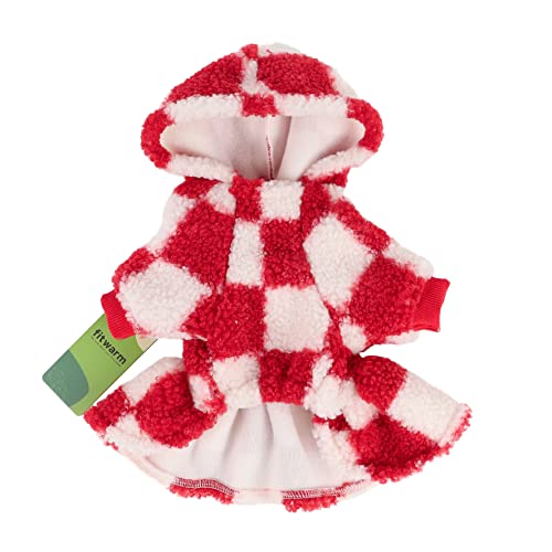 Fitwarm Checkered Plaid Fuzzy Sherpa Dog Hoodie Dresses Pet Thick Jacket Winter Coat Doggy Thermal Skirt Girl Puppy Outfits Clothes Cat Sweatshirt Apparel Red Small