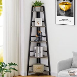 bon augure rustic tall corner bookshelf, 5 tier wood and black metal corner ladder shelf, industrial corner bookcase and gray corner shelf for living room, bathroom, kitchen (dark gray oak)