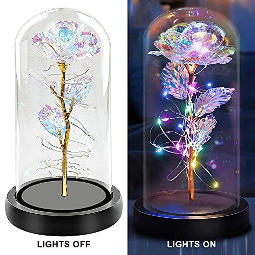 BLOCE Mom Gifts for Mothers Day Rose, Galaxy Rose in Glass with LED Light, Colorful Rose Flower Gift for Mother's Day, Valentine's Day Wedding Anniversary（10.2X5.5X5.5inch）(Black)