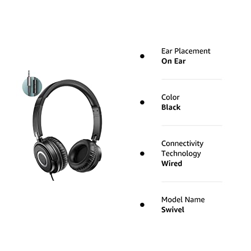 Nasuque Headphones with Microphone, Lightweight Foldable on Ear Headset for Kids Teens Adults, Wired Stereo Headphones with Deep Bass, Portable Design for Home Office Travel Virtual Schooling, Black