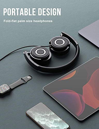 Nasuque Headphones with Microphone, Lightweight Foldable on Ear Headset for Kids Teens Adults, Wired Stereo Headphones with Deep Bass, Portable Design for Home Office Travel Virtual Schooling, Black