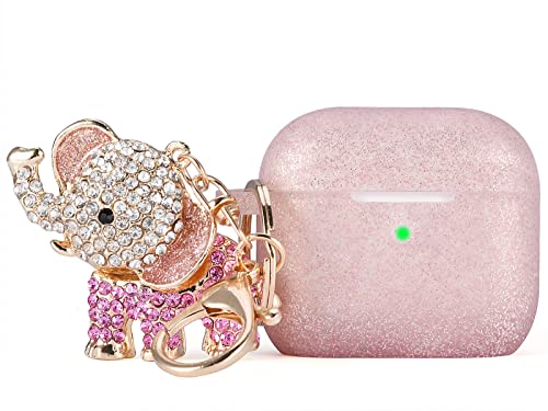 MOFREE Compatible with Airpods 3 Case Cover 2021, Soft Silicone Protective Case for Airpods 3rd Generation Case with Bling Elephant Keychain, Charging Case for AirPods Gen 3 Case Women (Rose Gold)