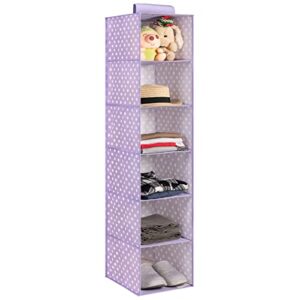 utureal 6-shelf hanging closet organizer, fabric foldable clothes storage hanging shelves for bedroom kids nursery room, space saving sturdy shelf unit for travel trailer camping| polka dots, purple