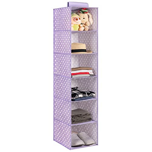 Utureal 6-Shelf Hanging Closet Organizer, Fabric Foldable Clothes Storage Hanging Shelves for Bedroom Kids Nursery Room, Space Saving Sturdy Shelf Unit for Travel Trailer Camping| Polka Dots, Purple