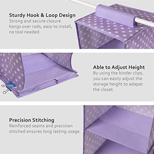 Utureal 6-Shelf Hanging Closet Organizer, Fabric Foldable Clothes Storage Hanging Shelves for Bedroom Kids Nursery Room, Space Saving Sturdy Shelf Unit for Travel Trailer Camping| Polka Dots, Purple