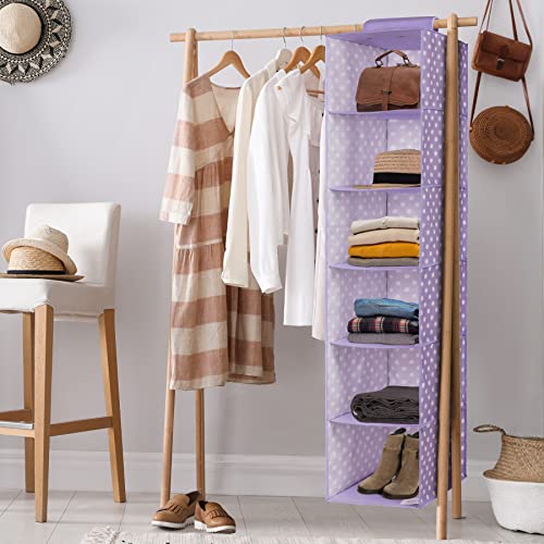 Utureal 6-Shelf Hanging Closet Organizer, Fabric Foldable Clothes Storage Hanging Shelves for Bedroom Kids Nursery Room, Space Saving Sturdy Shelf Unit for Travel Trailer Camping| Polka Dots, Purple