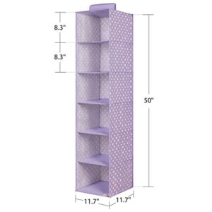 Utureal 6-Shelf Hanging Closet Organizer, Fabric Foldable Clothes Storage Hanging Shelves for Bedroom Kids Nursery Room, Space Saving Sturdy Shelf Unit for Travel Trailer Camping| Polka Dots, Purple