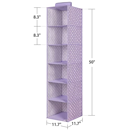 Utureal 6-Shelf Hanging Closet Organizer, Fabric Foldable Clothes Storage Hanging Shelves for Bedroom Kids Nursery Room, Space Saving Sturdy Shelf Unit for Travel Trailer Camping| Polka Dots, Purple