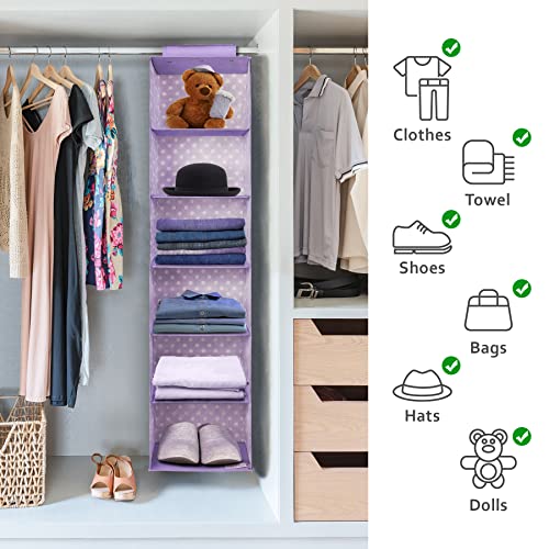 Utureal 6-Shelf Hanging Closet Organizer, Fabric Foldable Clothes Storage Hanging Shelves for Bedroom Kids Nursery Room, Space Saving Sturdy Shelf Unit for Travel Trailer Camping| Polka Dots, Purple