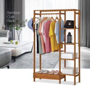 MoNiBloom Bamboo Freestanding Closet Organizer with Pants Scarves Racks and a Hanging Rob, Extra 5 Clothing Storage Shelving for Bedroom Living Room, Brown