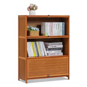 monibloom 3 tier bookcase, bamboo free standing book shelf organizer storage with flip doors for home, balcony, hallway, office, bedroom, brown