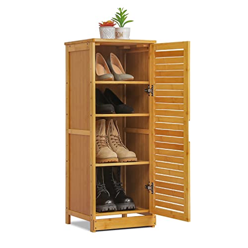 MoNiBloom 4 Tier Storage Cabinet Free Standing with Shutter Door, Bamboo Shoes Organizer Rack for 6-10 Pairs Bedroom Entryway Hallway, Natural