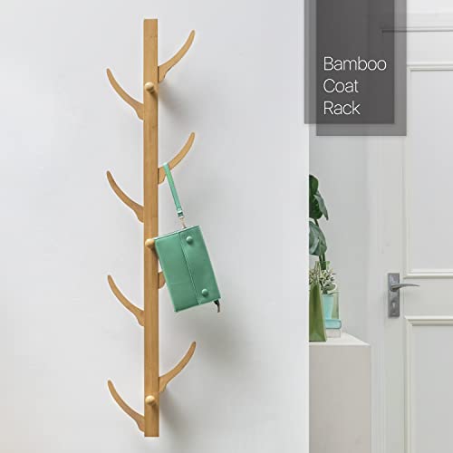 MoNiBloom Bamboo Coat Rack Wall Mount Hat Rack Tree Shape Modern Design with 8 Hooks Hanging Storage Organizer Entryway Hallway Cloakroom, Natural