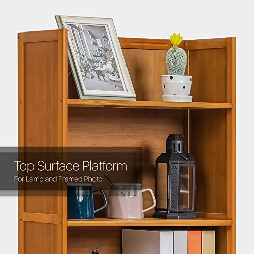 MoNiBloom 4 Tier Bookcase with 2 Drawers, Bamboo Freestanding Shelf Storage Organizer, Utility Shelf Rack for Living Room Bathroom Kitchen Office, Brown