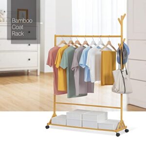 MoNiBloom Bamboo Clothing Garment Rack with Wheels and Bottom Shelf 2-in-1 Freestanding Clothes Organizer with 6 Side Hooks for Hanging Clothes Hats, Natural